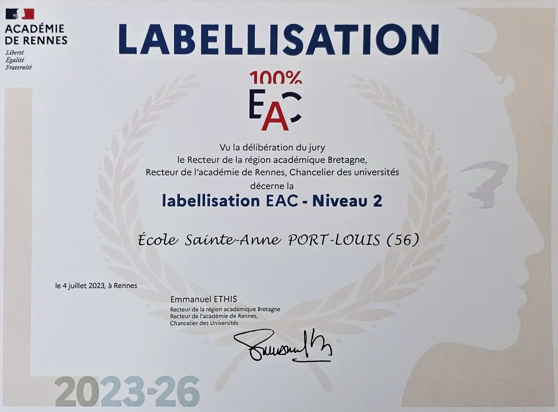 L école A Obtenu Le Label Eac Niveau 2 école Sainte Anne